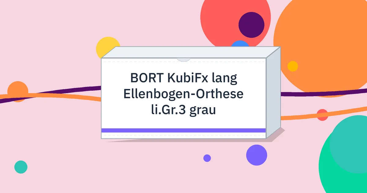 Symbolbild: Packung mit der Aufschrift BORT KubiFx lang Ellenbogen-Orthese li.Gr.3 grau (PZN 18658243) – Verfügbarkeit und Bezug in Apotheken in Frankfurt am Main