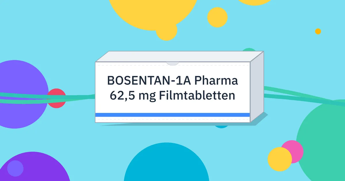 Symbolbild: Packung mit der Aufschrift BOSENTAN-1A Pharma 62,5 mg Filmtabletten (PZN 13231787) – Verfügbarkeit und Bezug in Apotheken in Frankfurt am Main