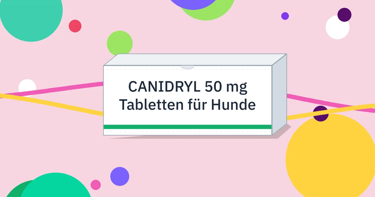 Symbolbild: Packung mit der Aufschrift CANIDRYL 50 mg Tabletten für Hunde (PZN 13881864) – Verfügbarkeit und Bezug in Apotheken in Frankfurt am Main