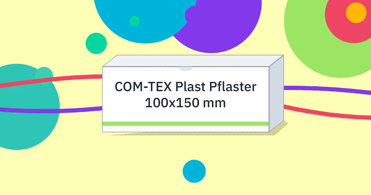 Symbolbild: Packung mit der Aufschrift COM-TEX Plast Pflaster 100x150 mm (PZN 08812594) – Verfügbarkeit und Bezug in Apotheken in Frankfurt am Main