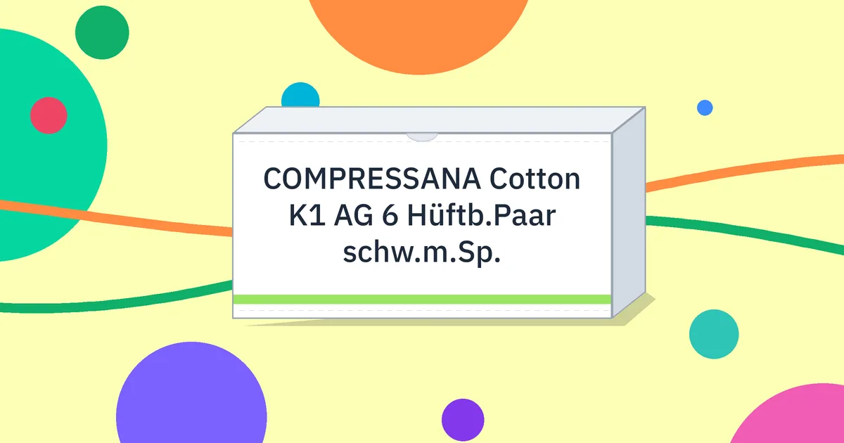 Symbolbild: Packung mit der Aufschrift COMPRESSANA Cotton K1 AG 6 Hüftb.Paar schw.m.Sp. (PZN 12980877) – Verfügbarkeit und Bezug in Apotheken in Frankfurt am Main