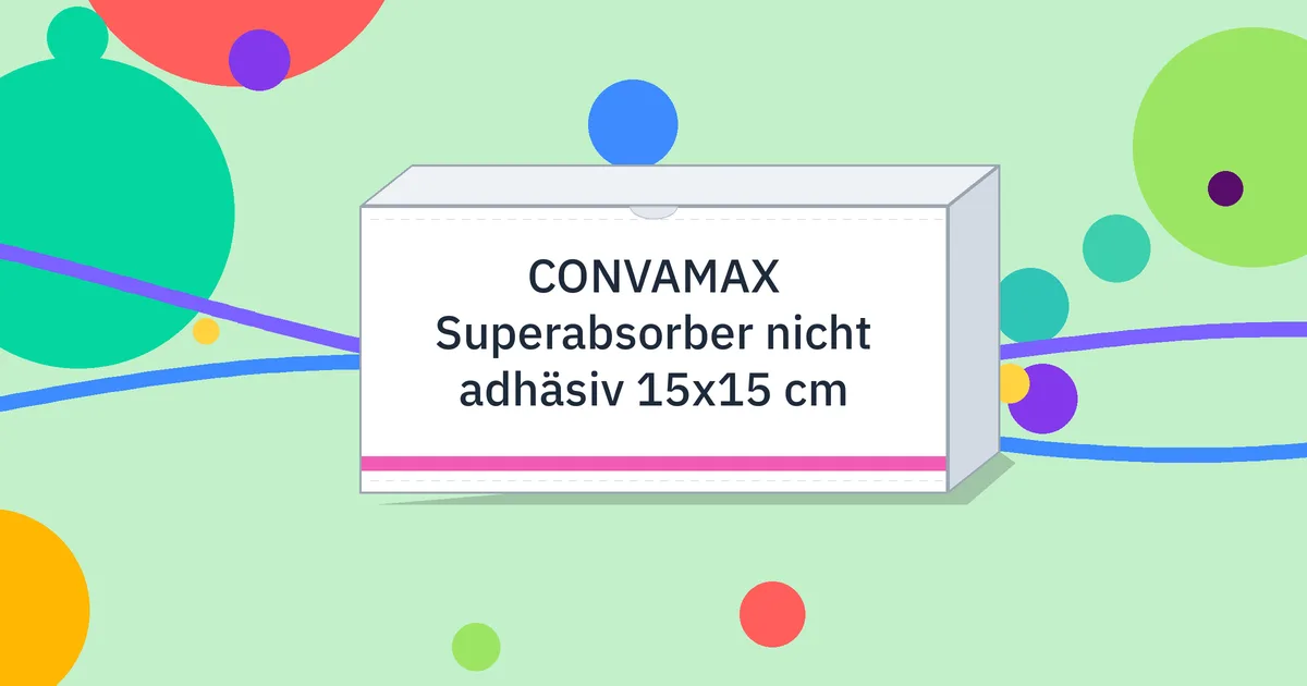 Symbolbild: Packung mit der Aufschrift CONVAMAX Superabsorber nicht adhäsiv 15x15 cm (PZN 20120321) – Verfügbarkeit und Bezug in Apotheken in Frankfurt am Main