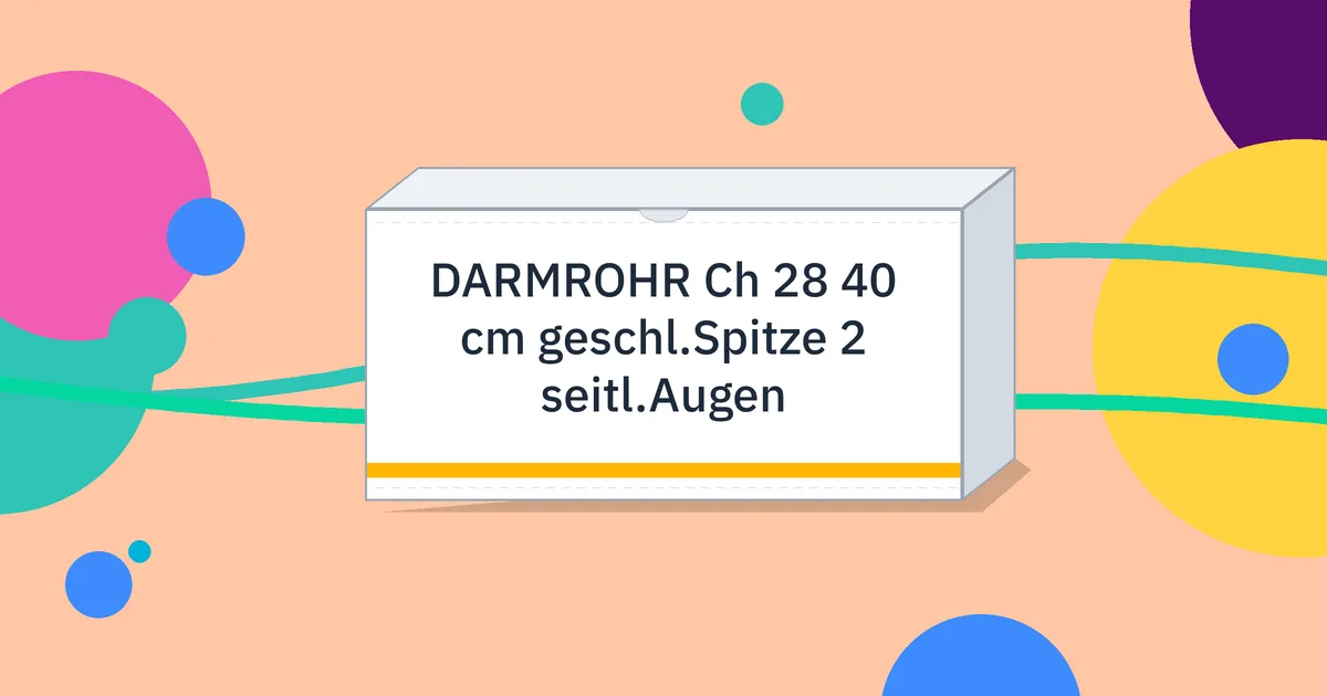 Symbolbild: Packung mit der Aufschrift DARMROHR Ch 28 40 cm geschl.Spitze 2 seitl.Augen (PZN 09092021) – Verfügbarkeit und Bezug in Apotheken in Frankfurt am Main