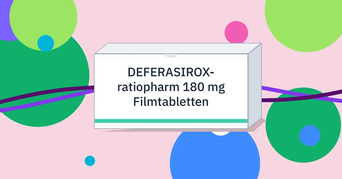 Symbolbild: Packung mit der Aufschrift DEFERASIROX-ratiopharm 180 mg Filmtabletten (PZN 17449891) – Verfügbarkeit und Bezug in Apotheken in Frankfurt am Main