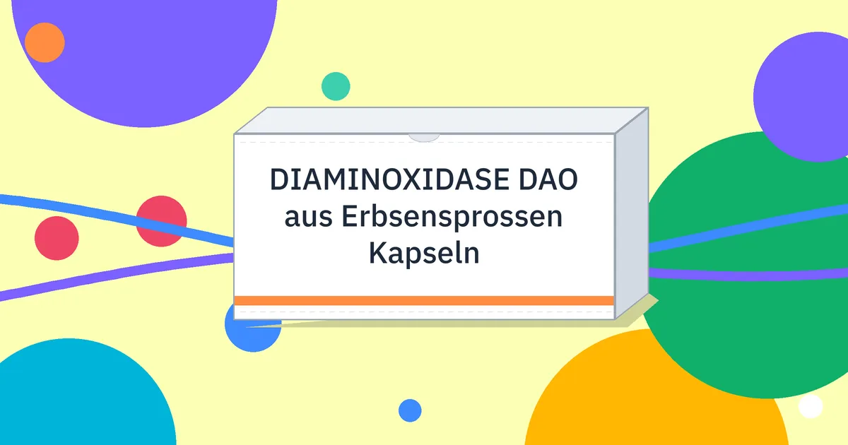 Symbolbild: Packung mit der Aufschrift DIAMINOXIDASE DAO aus Erbsensprossen Kapseln (PZN 20003348) – Verfügbarkeit und Bezug in Apotheken in Frankfurt am Main