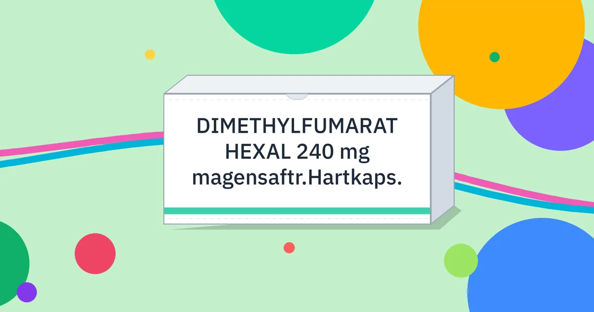 Symbolbild: Packung mit der Aufschrift DIMETHYLFUMARAT HEXAL 240 mg magensaftr.Hartkaps. (PZN 17895136) – Verfügbarkeit und Bezug in Apotheken in Frankfurt am Main