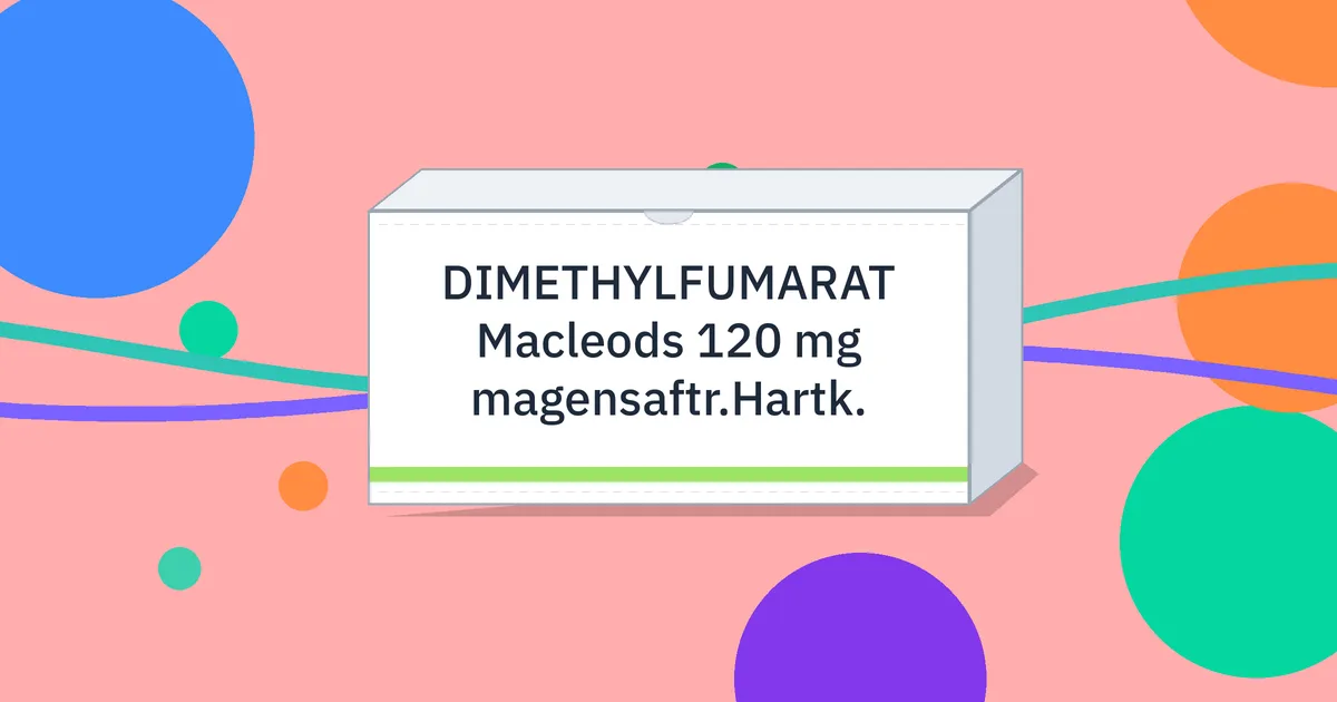 Symbolbild: Packung mit der Aufschrift DIMETHYLFUMARAT Macleods 120 mg magensaftr.Hartk. (PZN 20141228) – Verfügbarkeit und Bezug in Apotheken in Frankfurt am Main