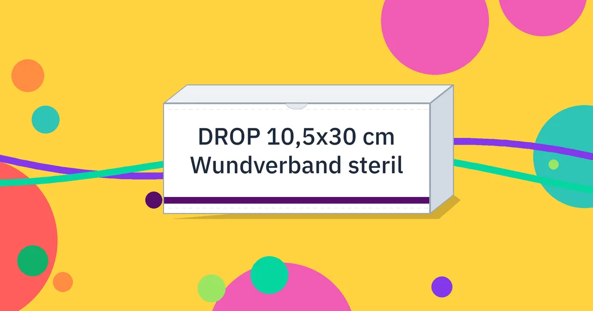 Symbolbild: Packung mit der Aufschrift DROP 10,5x30 cm Wundverband steril (PZN 20111730) – Verfügbarkeit und Bezug in Apotheken in Frankfurt am Main