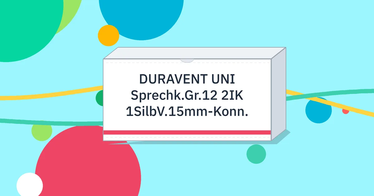 Symbolbild: Packung mit der Aufschrift DURAVENT UNI Sprechk.Gr.12 2IK 1SilbV.15mm-Konn. (PZN 02070766) – Verfügbarkeit und Bezug in Apotheken in Frankfurt am Main