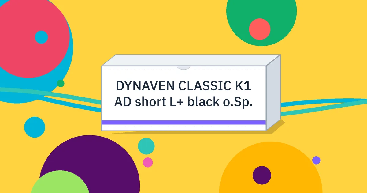 Symbolbild: Packung mit der Aufschrift DYNAVEN CLASSIC K1 AD short L+ black o.Sp. (PZN 18414268) – Verfügbarkeit und Bezug in Apotheken in Frankfurt am Main