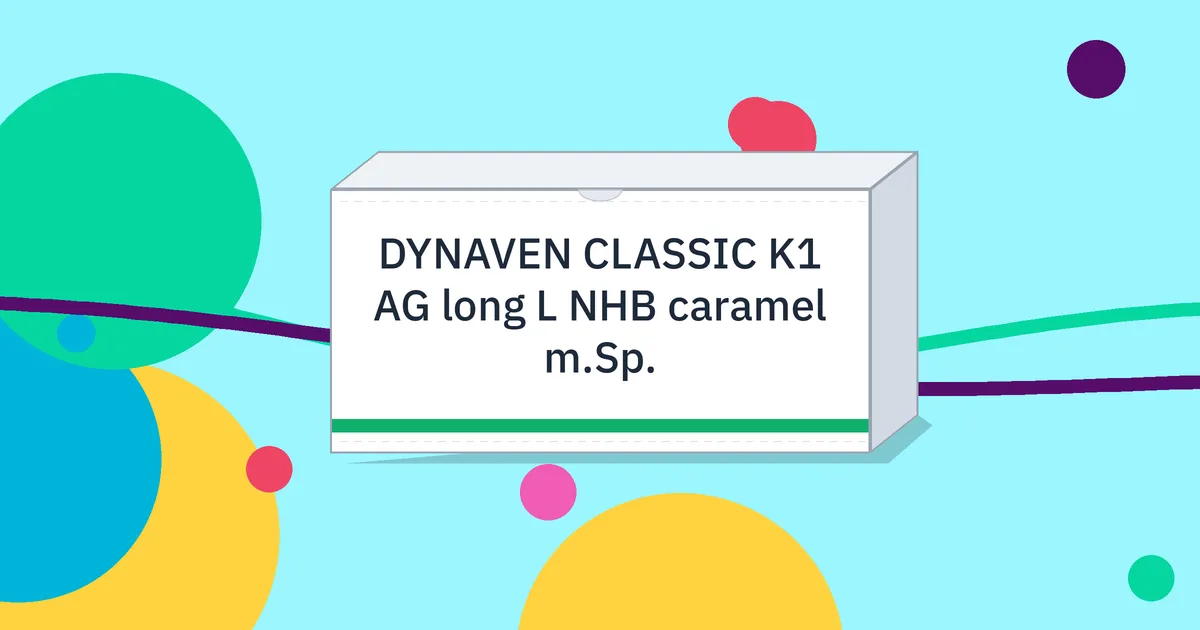 Symbolbild: Packung mit der Aufschrift DYNAVEN CLASSIC K1 AG long L NHB caramel m.Sp. (PZN 18415807) – Verfügbarkeit und Bezug in Apotheken in Frankfurt am Main