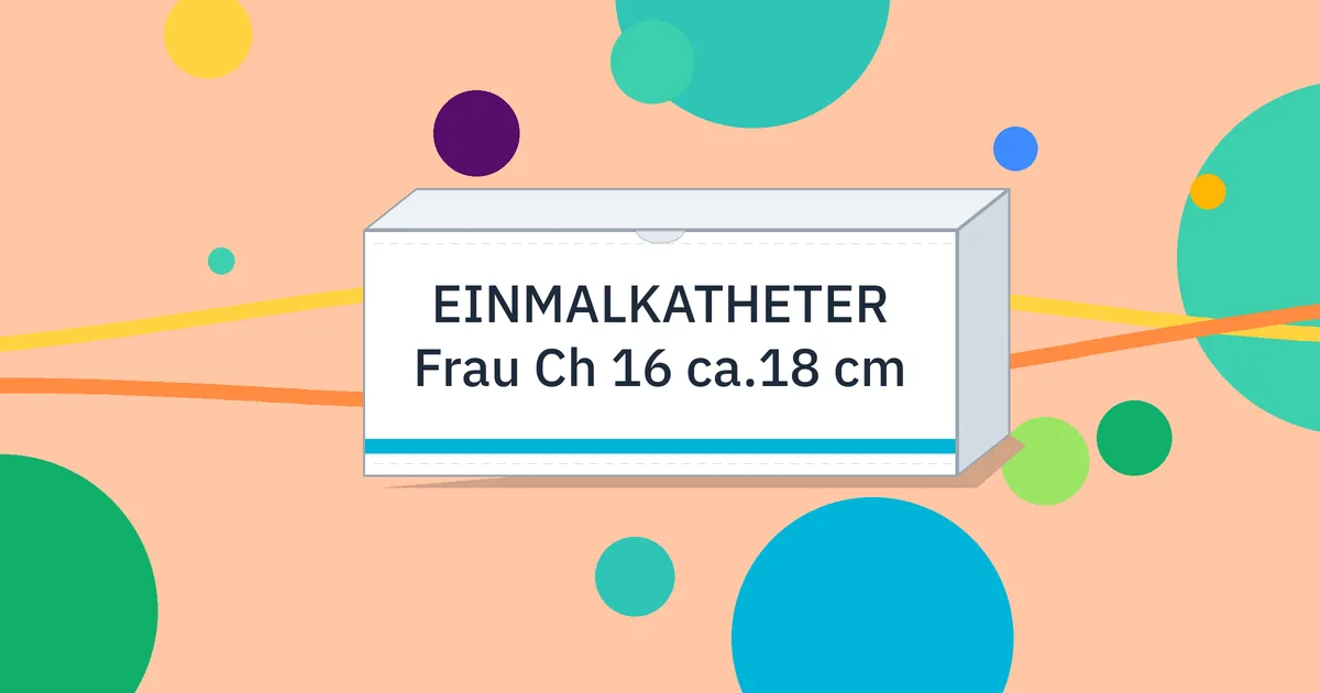 Symbolbild: Packung mit der Aufschrift EINMALKATHETER Frau Ch 16 ca.18 cm (PZN 06146331) – Verfügbarkeit und Bezug in Apotheken in Frankfurt am Main