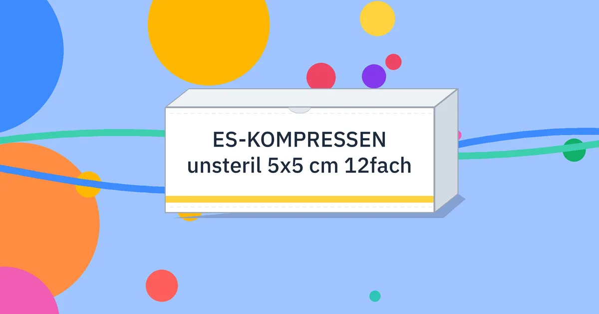 Symbolbild: Packung mit der Aufschrift ES-KOMPRESSEN unsteril 5x5 cm 12fach (PZN 18763075) – Verfügbarkeit und Bezug in Apotheken in Frankfurt am Main