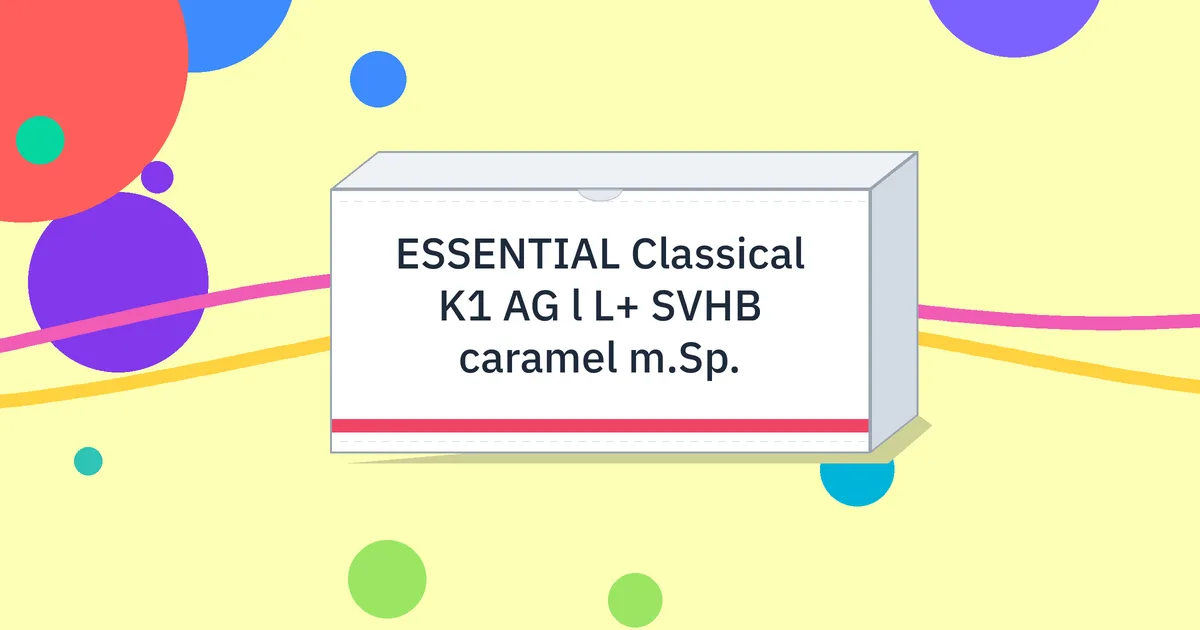 Symbolbild: Packung mit der Aufschrift ESSENTIAL Classical K1 AG l L+ SVHB caramel m.Sp. (PZN 18420748) – Verfügbarkeit und Bezug in Apotheken in Frankfurt am Main