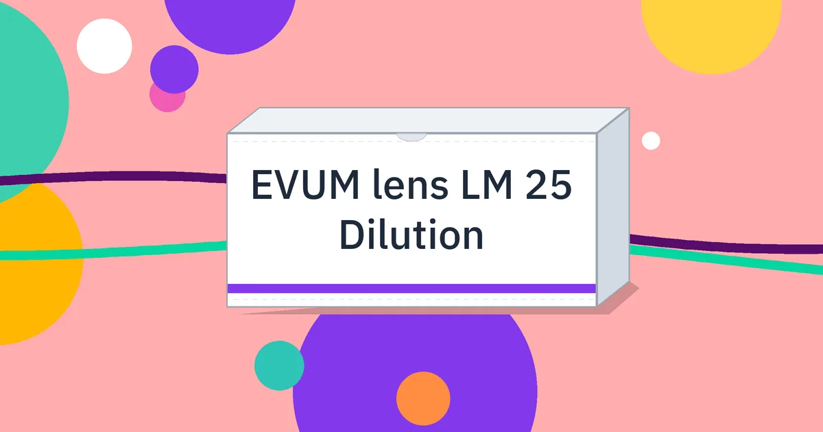 Symbolbild: Packung mit der Aufschrift EVUM lens LM 25 Dilution (PZN 13485275) – Verfügbarkeit und Bezug in Apotheken in Frankfurt am Main