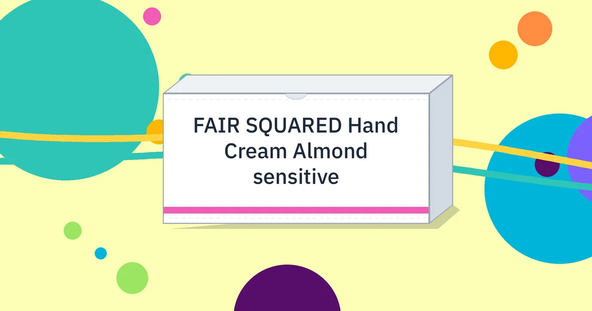 Symbolbild: Packung mit der Aufschrift FAIR SQUARED Hand Cream Almond sensitive (PZN 16131425) – Verfügbarkeit und Bezug in Apotheken in Frankfurt am Main