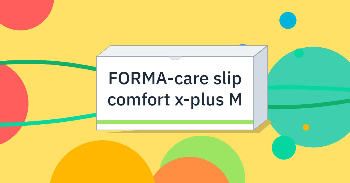 Symbolbild: Packung mit der Aufschrift FORMA-care slip comfort x-plus M (PZN 18310830) – Verfügbarkeit und Bezug in Apotheken in Frankfurt am Main