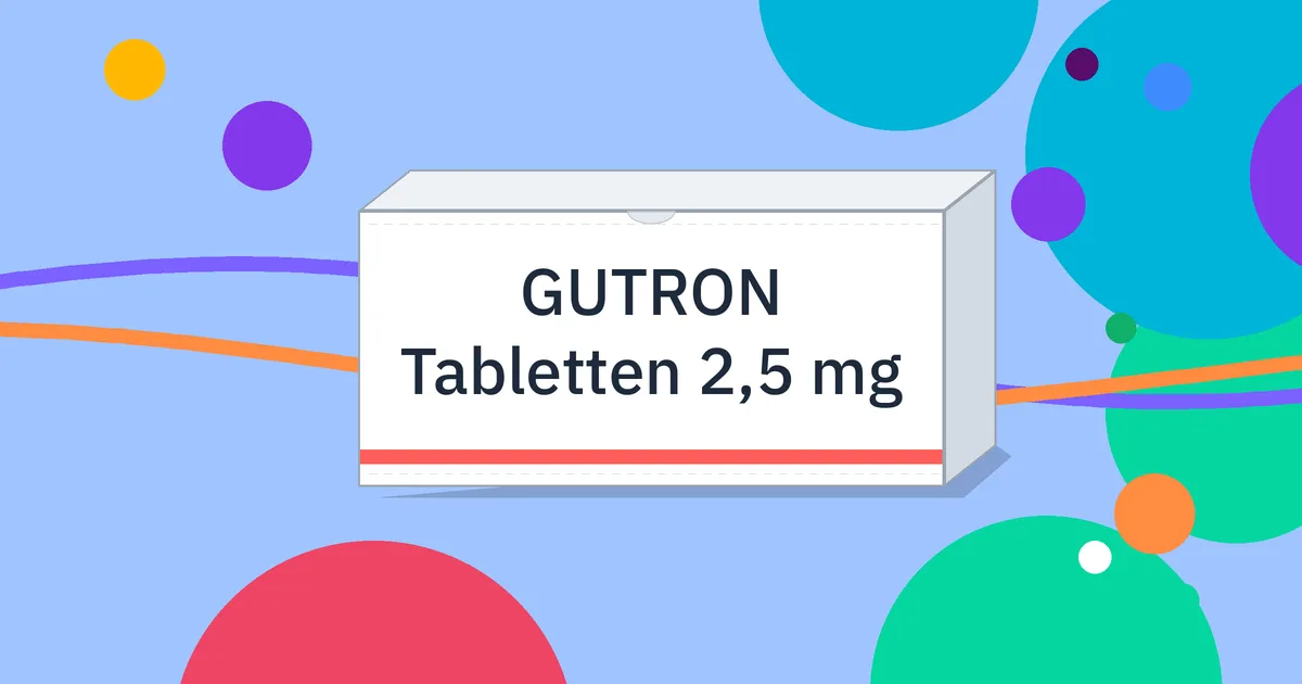 Symbolbild: Packung mit der Aufschrift GUTRON Tabletten 2,5 mg (PZN 03928470) – Verfügbarkeit und Bezug in Apotheken in Frankfurt am Main