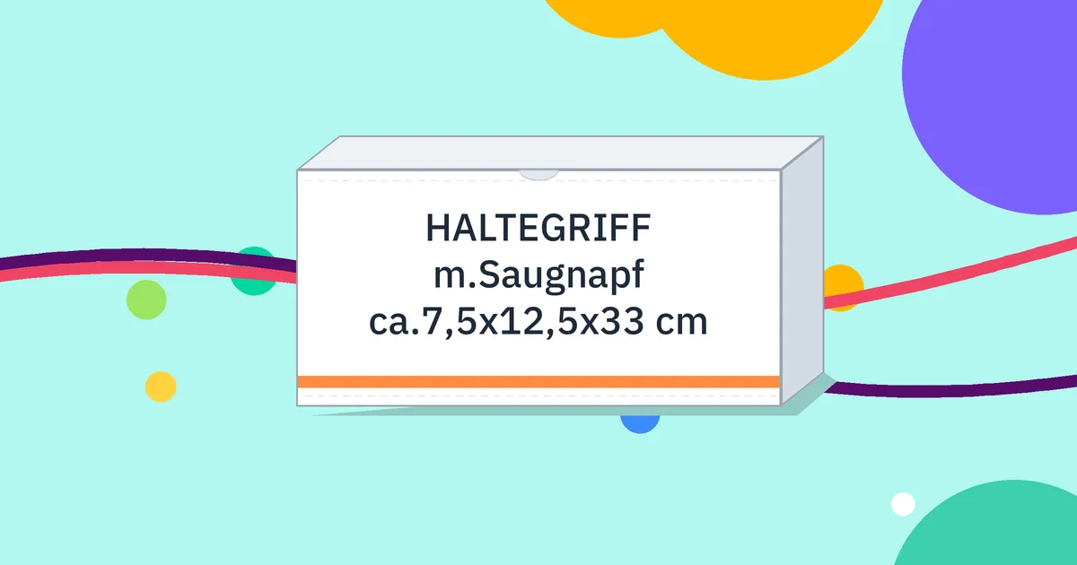 Symbolbild: Packung mit der Aufschrift HALTEGRIFF m.Saugnapf ca.7,5x12,5x33 cm (PZN 16500696) – Verfügbarkeit und Bezug in Apotheken in Frankfurt am Main