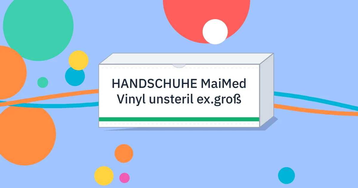 Symbolbild: Packung mit der Aufschrift HANDSCHUHE MaiMed Vinyl unsteril ex.groß (PZN 01459048) – Verfügbarkeit und Bezug in Apotheken in Frankfurt am Main