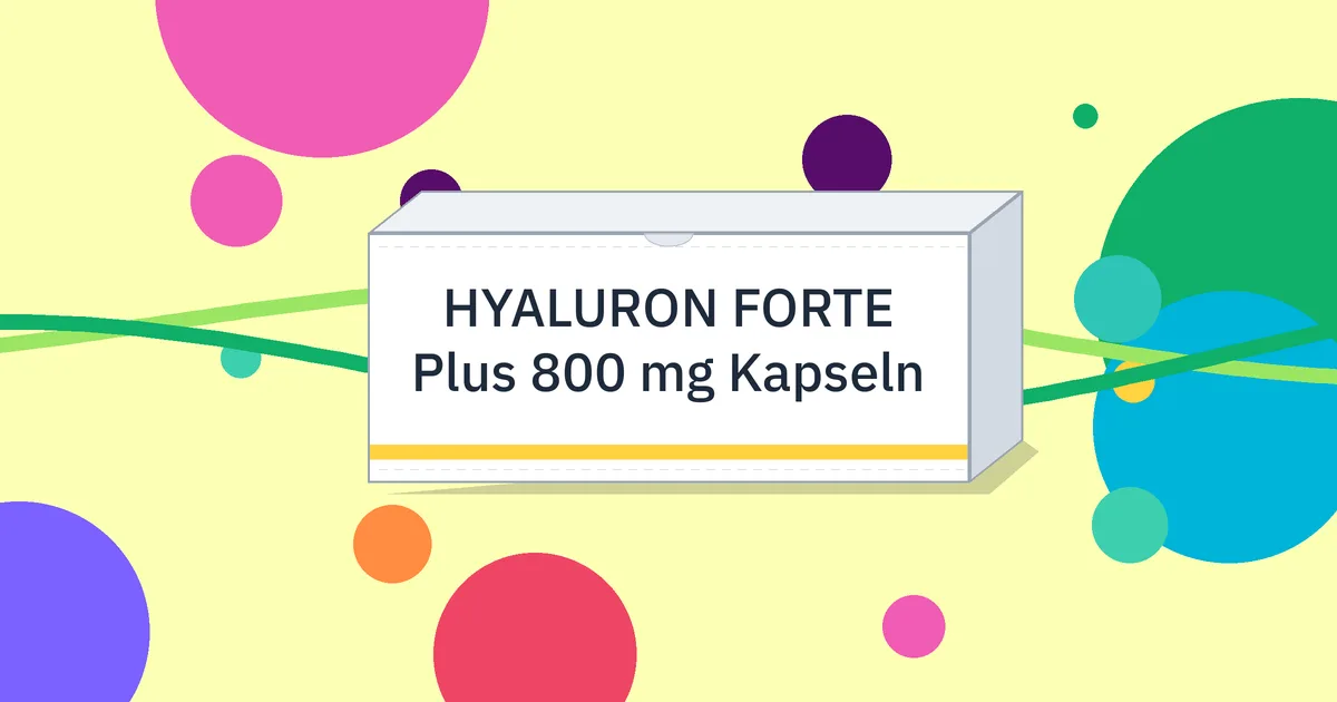 Symbolbild: Packung mit der Aufschrift HYALURON FORTE Plus 800 mg Kapseln (PZN 16945027) – Verfügbarkeit und Bezug in Apotheken in Frankfurt am Main