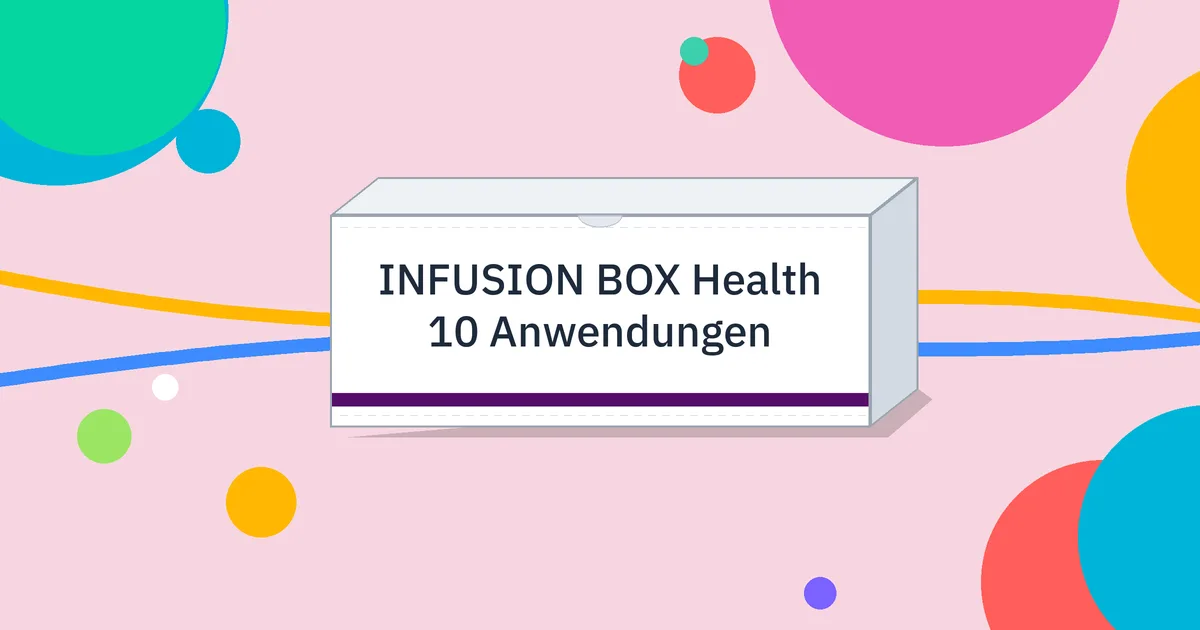 Symbolbild: Packung mit der Aufschrift INFUSION BOX Health 10 Anwendungen (PZN 19460218) – Verfügbarkeit und Bezug in Apotheken in Frankfurt am Main