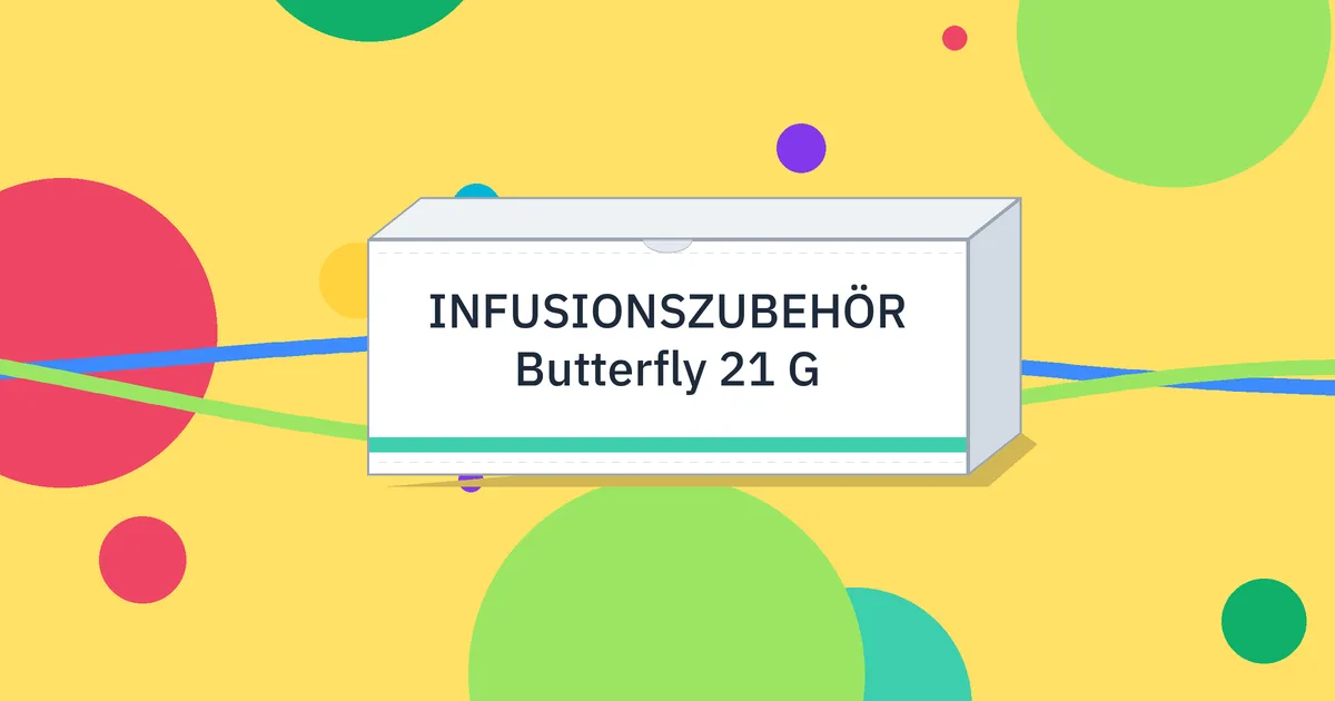 Symbolbild: Packung mit der Aufschrift INFUSIONSZUBEHÖR Butterfly 21 G (PZN 06837584) – Verfügbarkeit und Bezug in Apotheken in Frankfurt am Main