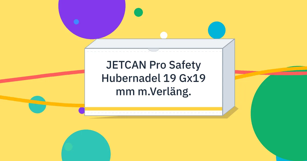 Symbolbild: Packung mit der Aufschrift JETCAN Pro Safety Hubernadel 19 Gx19 mm m.Verläng. (PZN 19728460) – Verfügbarkeit und Bezug in Apotheken in Frankfurt am Main
