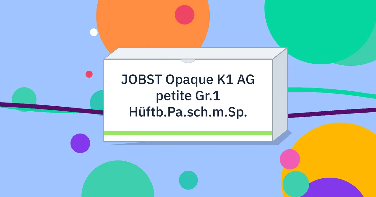 Symbolbild: Packung mit der Aufschrift JOBST Opaque K1 AG petite Gr.1 Hüftb.Pa.sch.m.Sp. (PZN 13098472) – Verfügbarkeit und Bezug in Apotheken in Frankfurt am Main