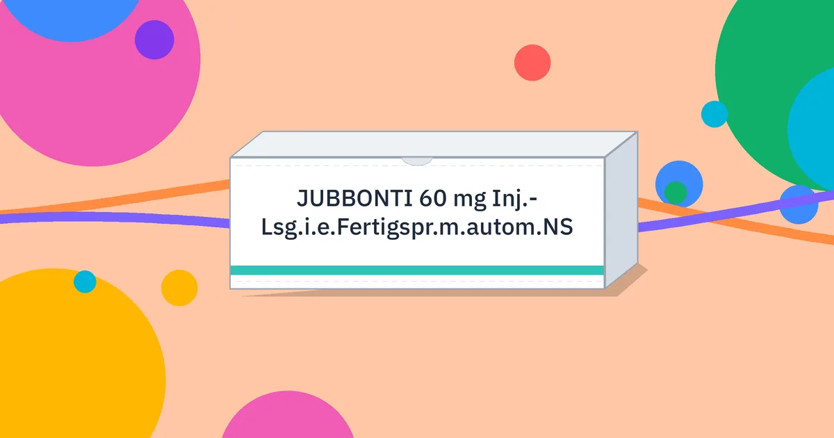 Symbolbild: Packung mit der Aufschrift JUBBONTI 60 mg Inj.-Lsg.i.e.Fertigspr.m.autom.NS (PZN 20404923) – Verfügbarkeit und Bezug in Apotheken in Frankfurt am Main