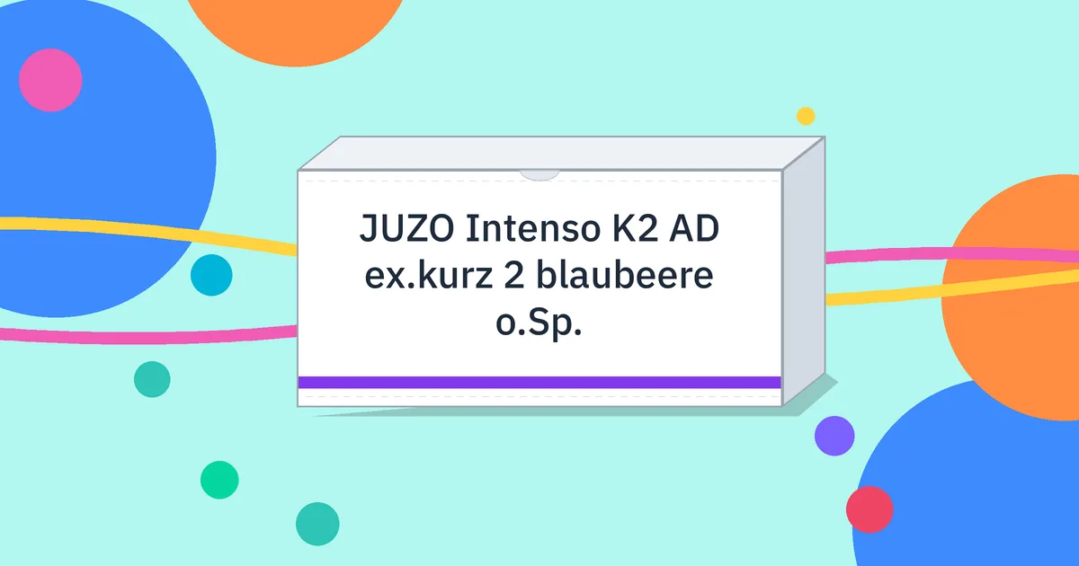 Symbolbild: Packung mit der Aufschrift JUZO Intenso K2 AD ex.kurz 2 blaubeere o.Sp. (PZN 18618640) – Verfügbarkeit und Bezug in Apotheken in Frankfurt am Main