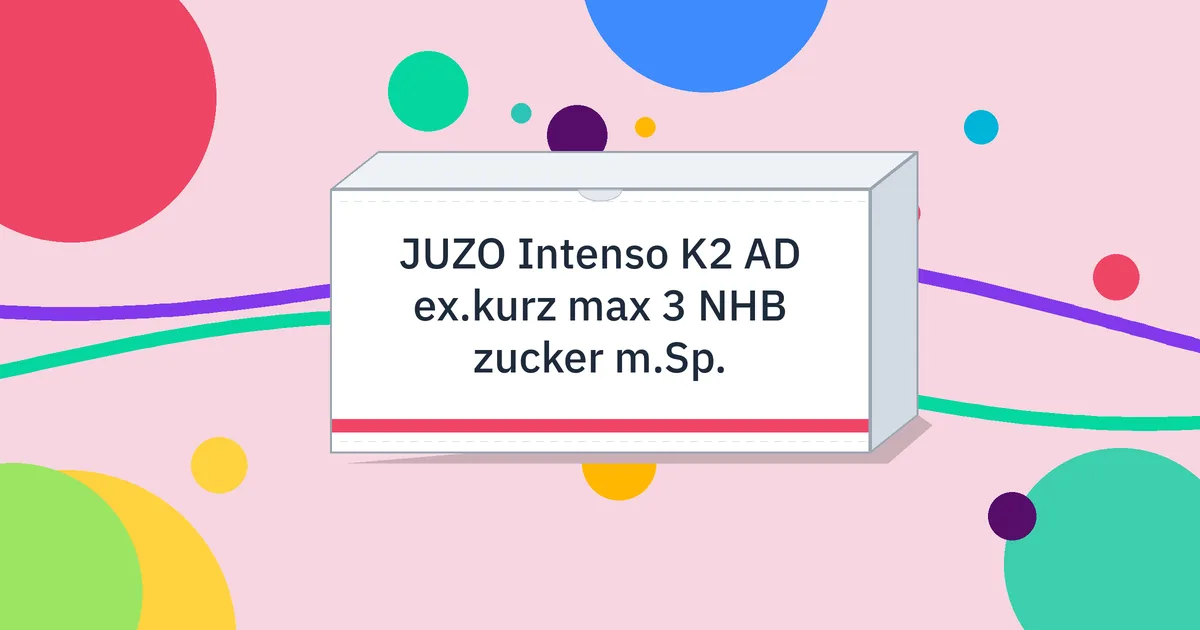 Symbolbild: Packung mit der Aufschrift JUZO Intenso K2 AD ex.kurz max 3 NHB zucker m.Sp. (PZN 18610118) – Verfügbarkeit und Bezug in Apotheken in Frankfurt am Main