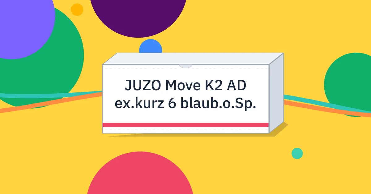Symbolbild: Packung mit der Aufschrift JUZO Move K2 AD ex.kurz 6 blaub.o.Sp. (PZN 18542173) – Verfügbarkeit und Bezug in Apotheken in Frankfurt am Main