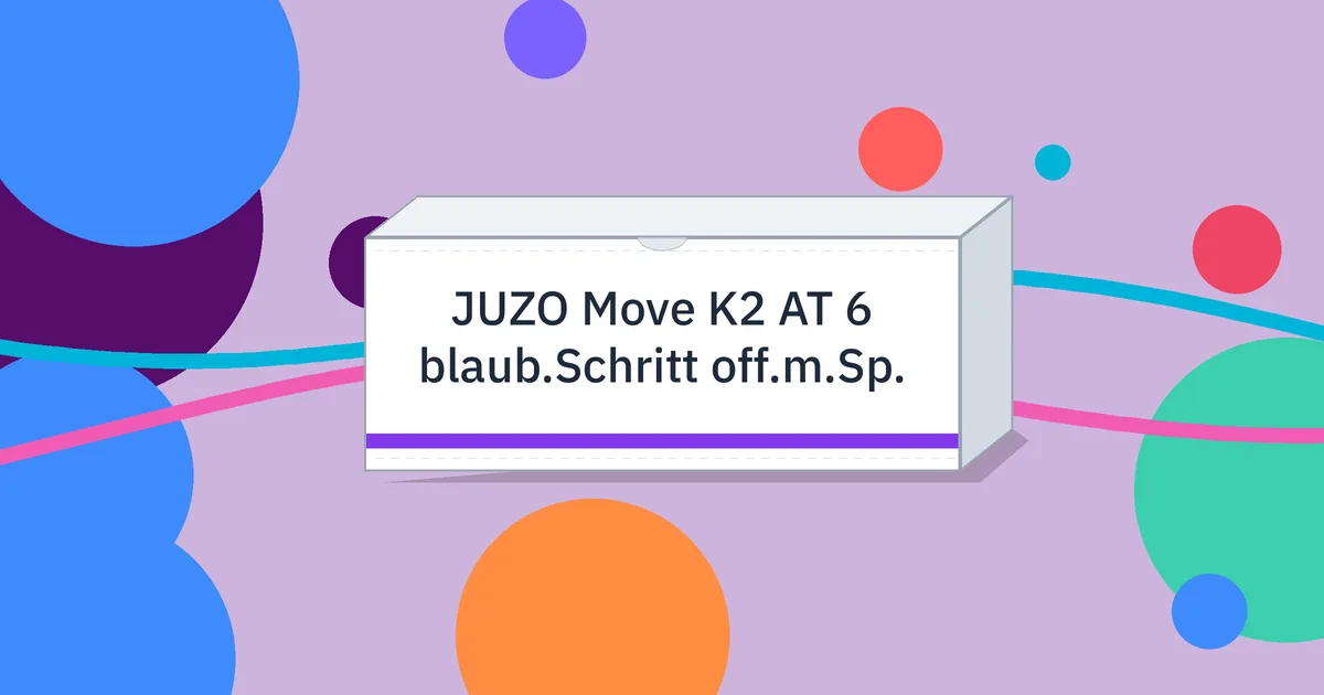 Symbolbild: Packung mit der Aufschrift JUZO Move K2 AT 6 blaub.Schritt off.m.Sp. (PZN 20668326) – Verfügbarkeit und Bezug in Apotheken in Frankfurt am Main