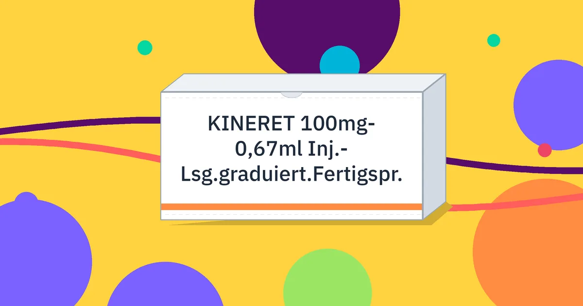 Symbolbild: Packung mit der Aufschrift KINERET 100mg-0,67ml Inj.-Lsg.graduiert.Fertigspr. (PZN 18835828) – Verfügbarkeit und Bezug in Apotheken in Frankfurt am Main