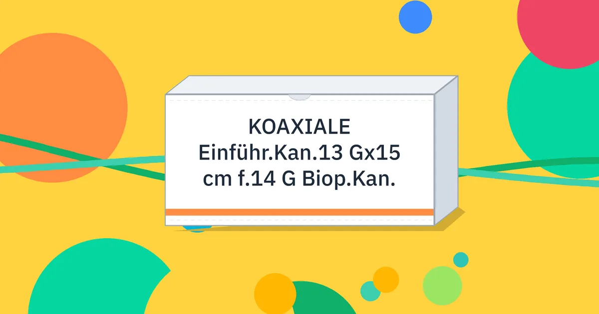 Symbolbild: Packung mit der Aufschrift KOAXIALE Einführ.Kan.13 Gx15 cm f.14 G Biop.Kan. (PZN 06903677) – Verfügbarkeit und Bezug in Apotheken in Frankfurt am Main
