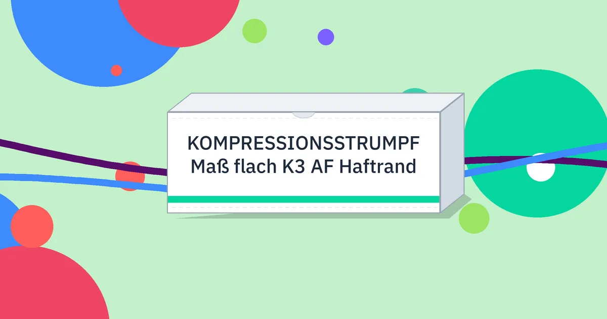 Symbolbild: Packung mit der Aufschrift KOMPRESSIONSSTRUMPF Maß flach K3 AF Haftrand (PZN 16745191) – Verfügbarkeit und Bezug in Apotheken in Frankfurt am Main