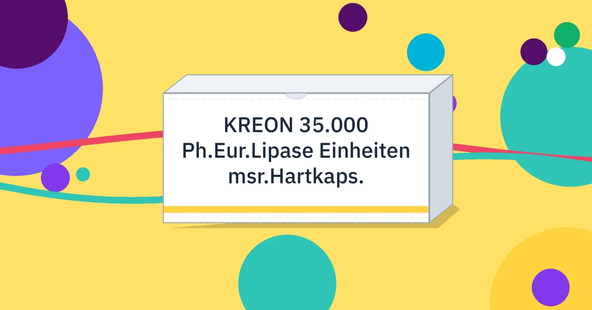 Symbolbild: Packung mit der Aufschrift KREON 35.000 Ph.Eur.Lipase Einheiten msr.Hartkaps. (PZN 14327733) – Verfügbarkeit und Bezug in Apotheken in Frankfurt am Main