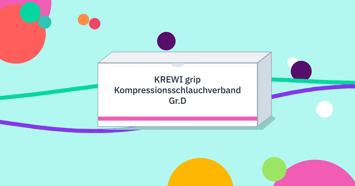 Symbolbild: Packung mit der Aufschrift KREWI grip Kompressionsschlauchverband Gr.D (PZN 03765016) – Verfügbarkeit und Bezug in Apotheken in Frankfurt am Main