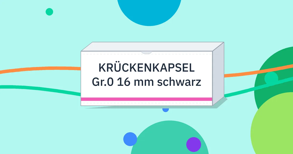 Symbolbild: Packung mit der Aufschrift KRÜCKENKAPSEL Gr.0 16 mm schwarz (PZN 03097796) – Verfügbarkeit und Bezug in Apotheken in Frankfurt am Main