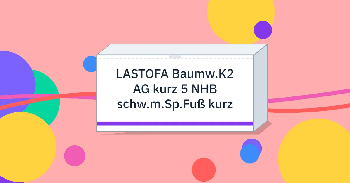 Symbolbild: Packung mit der Aufschrift LASTOFA Baumw.K2 AG kurz 5 NHB schw.m.Sp.Fuß kurz (PZN 01948190) – Verfügbarkeit und Bezug in Apotheken in Frankfurt am Main