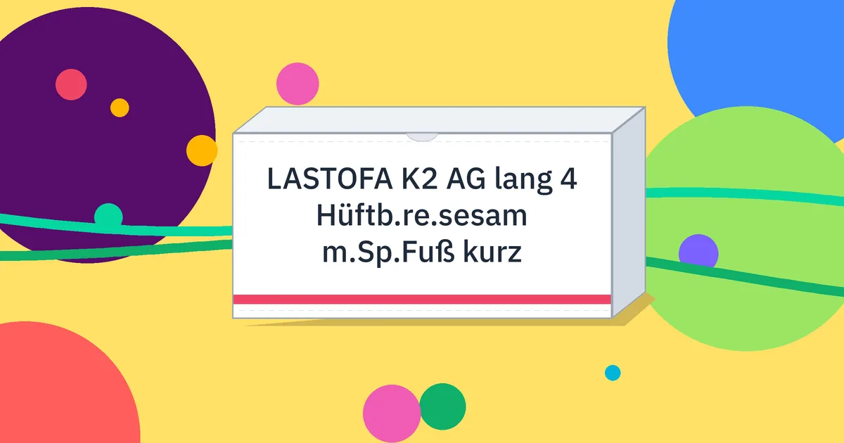 Symbolbild: Packung mit der Aufschrift LASTOFA K2 AG lang 4 Hüftb.re.sesam m.Sp.Fuß kurz (PZN 13811651) – Verfügbarkeit und Bezug in Apotheken in Frankfurt am Main