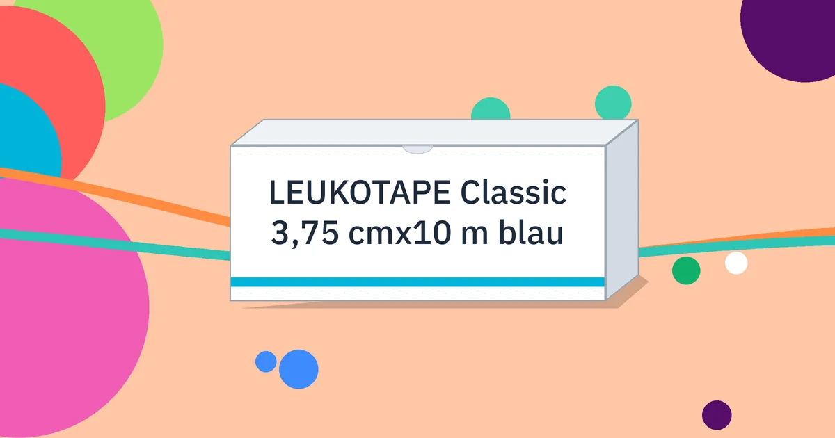 Symbolbild: Packung mit der Aufschrift LEUKOTAPE Classic 3,75 cmx10 m blau (PZN 00669453) – Verfügbarkeit und Bezug in Apotheken in Frankfurt am Main