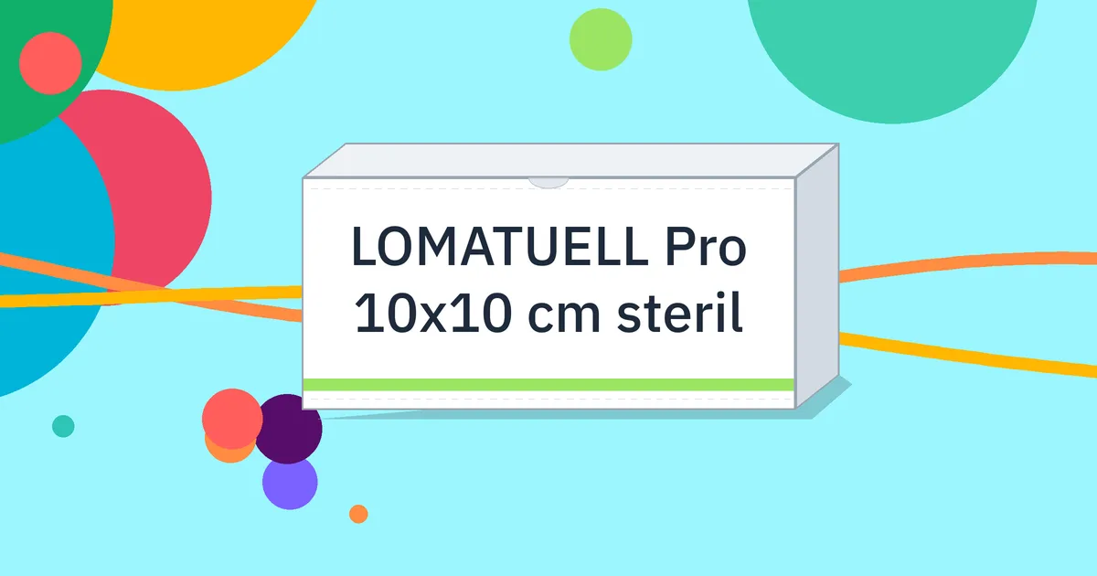 Symbolbild: Packung mit der Aufschrift LOMATUELL Pro 10x10 cm steril (PZN 18668253) – Verfügbarkeit und Bezug in Apotheken in Frankfurt am Main