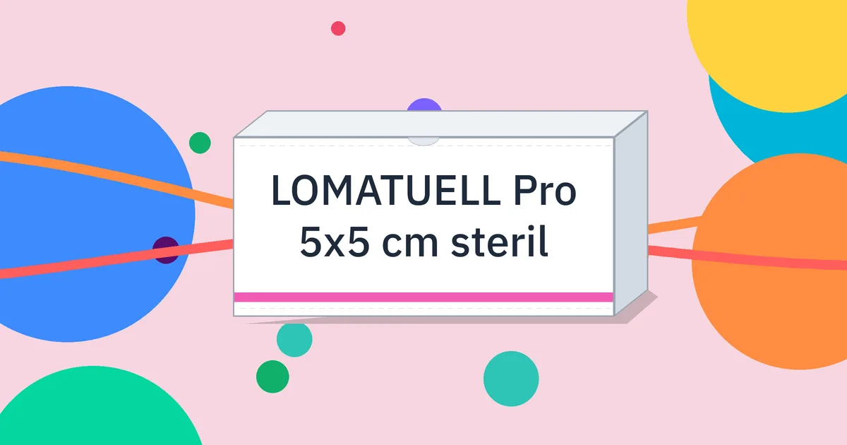 Symbolbild: Packung mit der Aufschrift LOMATUELL Pro 5x5 cm steril (PZN 17452195) – Verfügbarkeit und Bezug in Apotheken in Frankfurt am Main