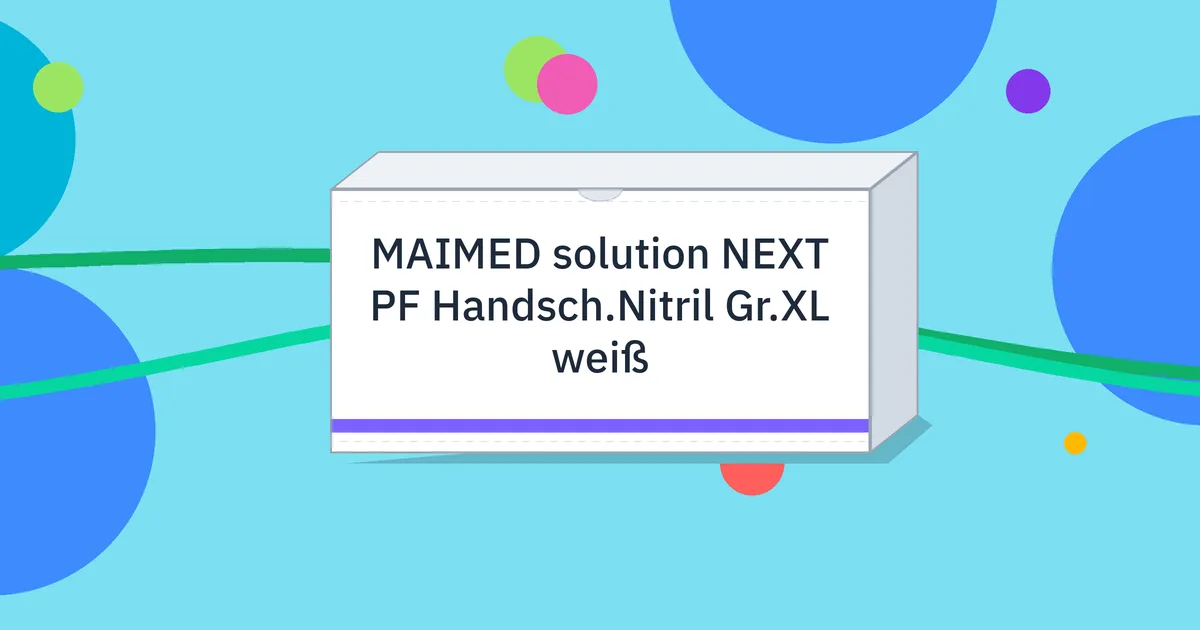 Symbolbild: Packung mit der Aufschrift MAIMED solution NEXT PF Handsch.Nitril Gr.XL weiß (PZN 10308118) – Verfügbarkeit und Bezug in Apotheken in Frankfurt am Main