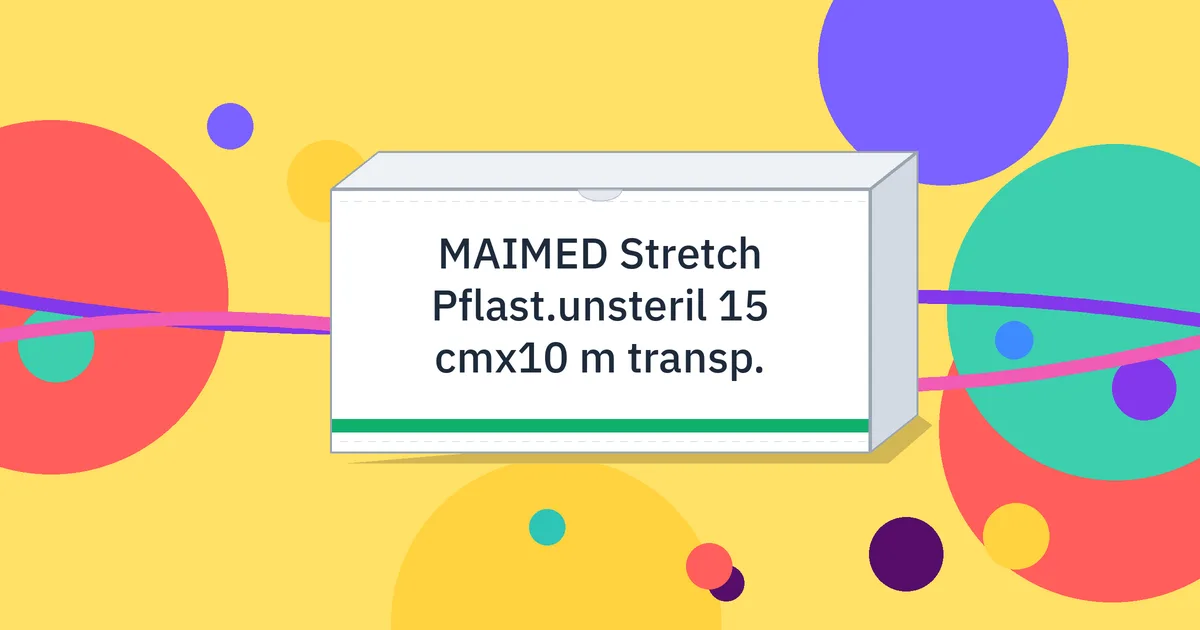 Symbolbild: Packung mit der Aufschrift MAIMED Stretch Pflast.unsteril 15 cmx10 m transp. (PZN 09100714) – Verfügbarkeit und Bezug in Apotheken in Frankfurt am Main