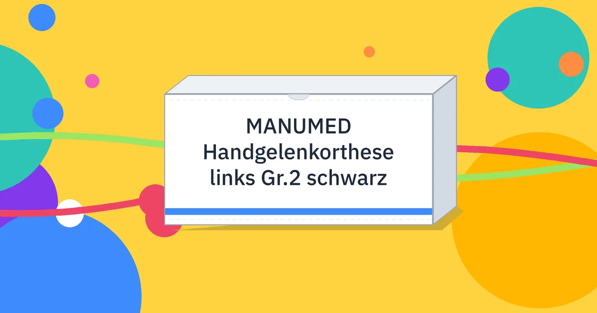 Symbolbild: Packung mit der Aufschrift MANUMED Handgelenkorthese links Gr.2 schwarz (PZN 15314371) – Verfügbarkeit und Bezug in Apotheken in Frankfurt am Main