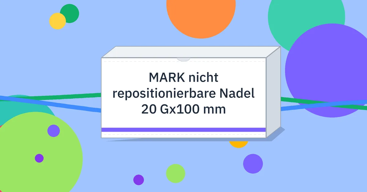 Symbolbild: Packung mit der Aufschrift MARK nicht repositionierbare Nadel 20 Gx100 mm (PZN 19736608) – Verfügbarkeit und Bezug in Apotheken in Frankfurt am Main