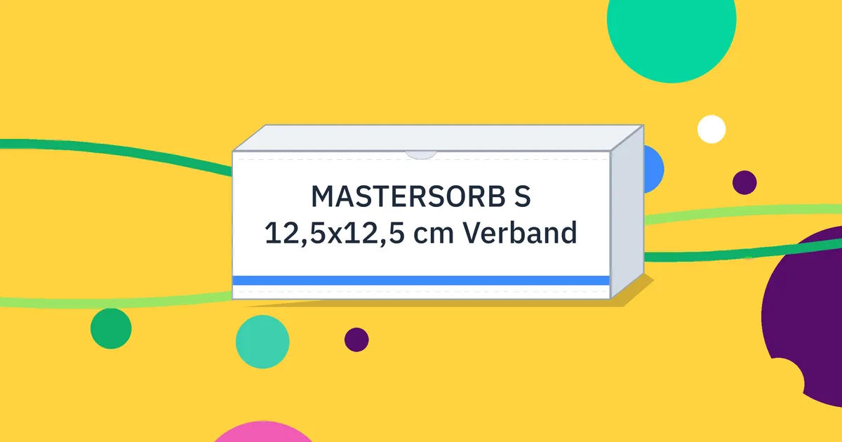 Symbolbild: Packung mit der Aufschrift MASTERSORB S 12,5x12,5 cm Verband (PZN 18794578) – Verfügbarkeit und Bezug in Apotheken in Frankfurt am Main